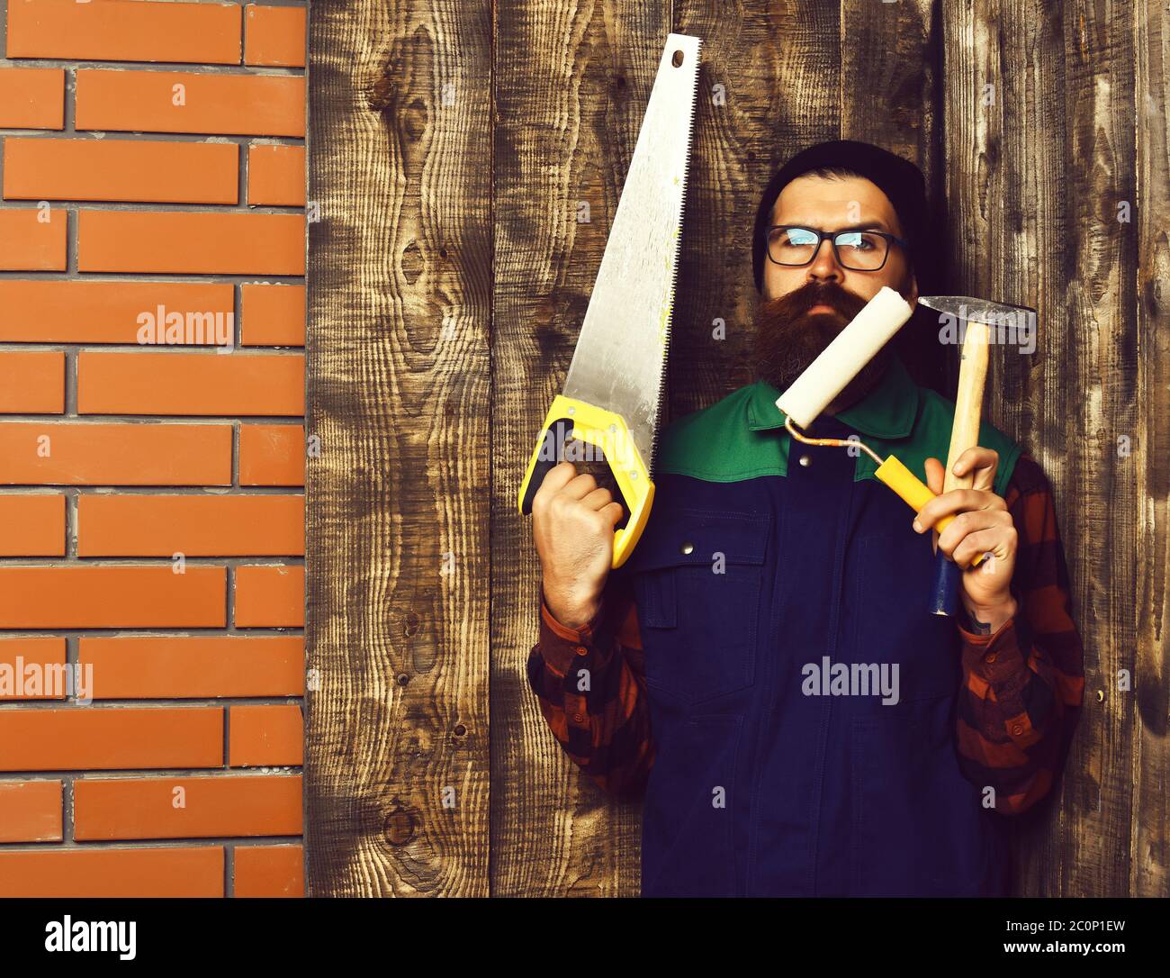 bearded painter, long beard, brutal caucasian hipster with moustache ...