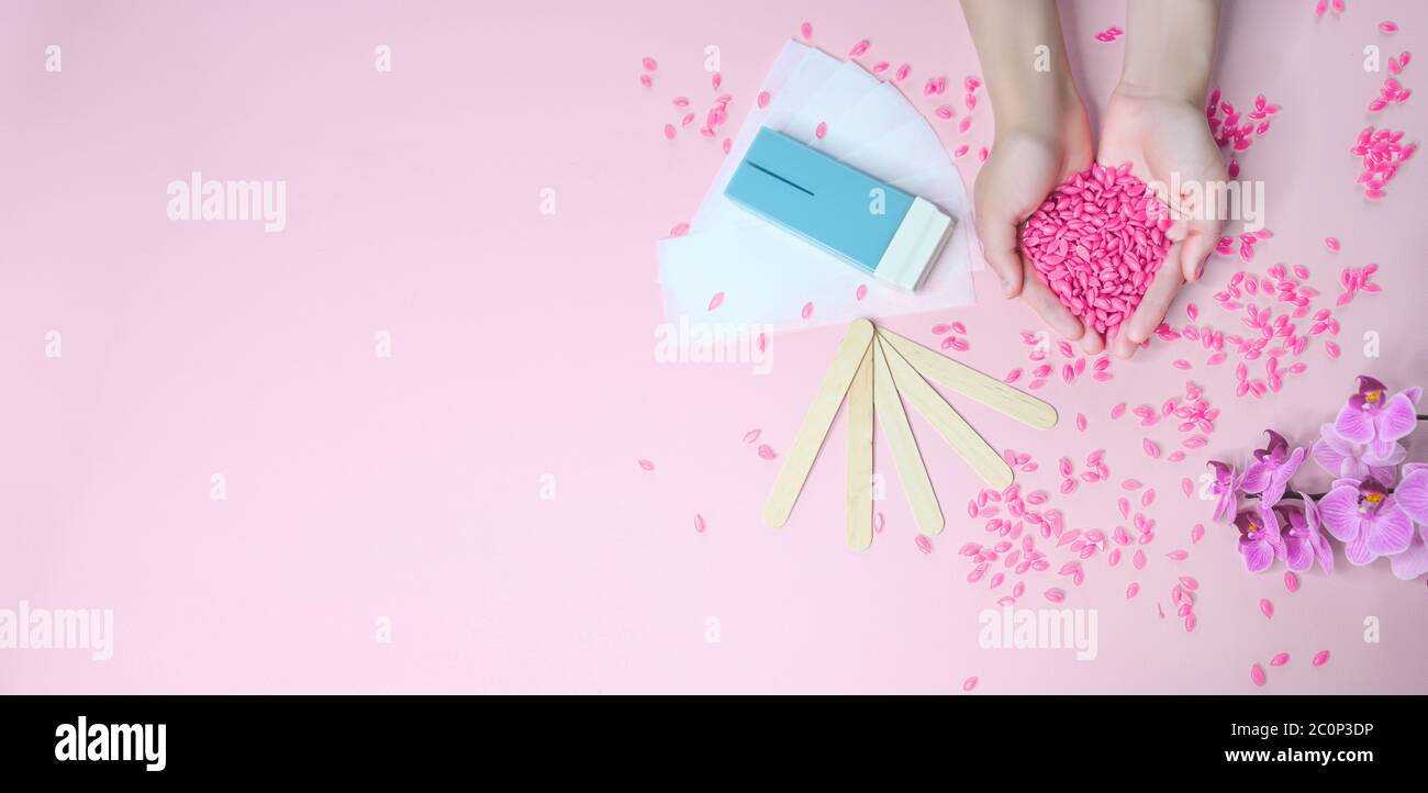 Set of depilation and beauty on pink background concept - sugar paste ...