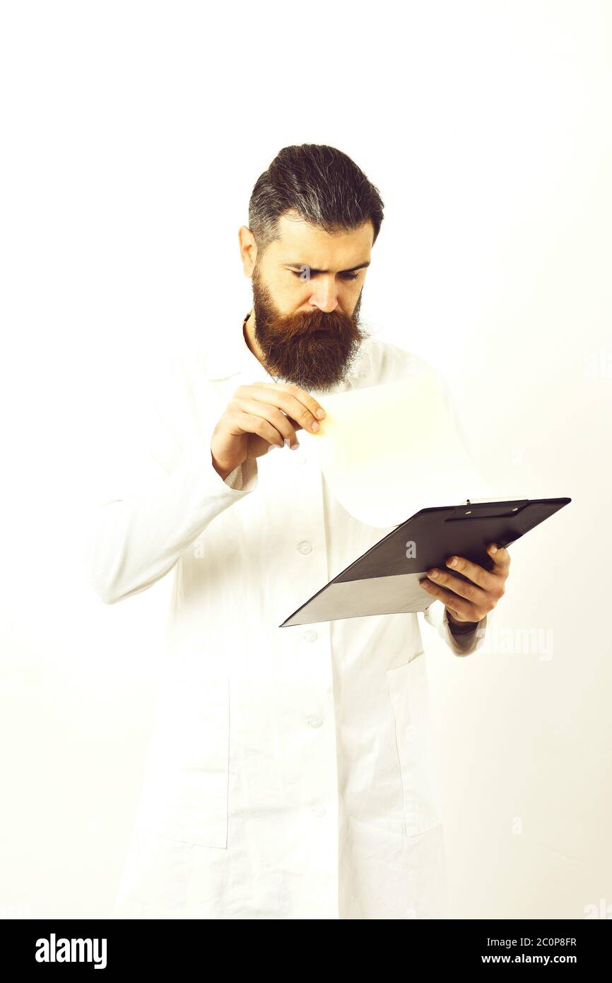 Bearded man, long beard. Brutal caucasian doctor or unshaven hipster ...