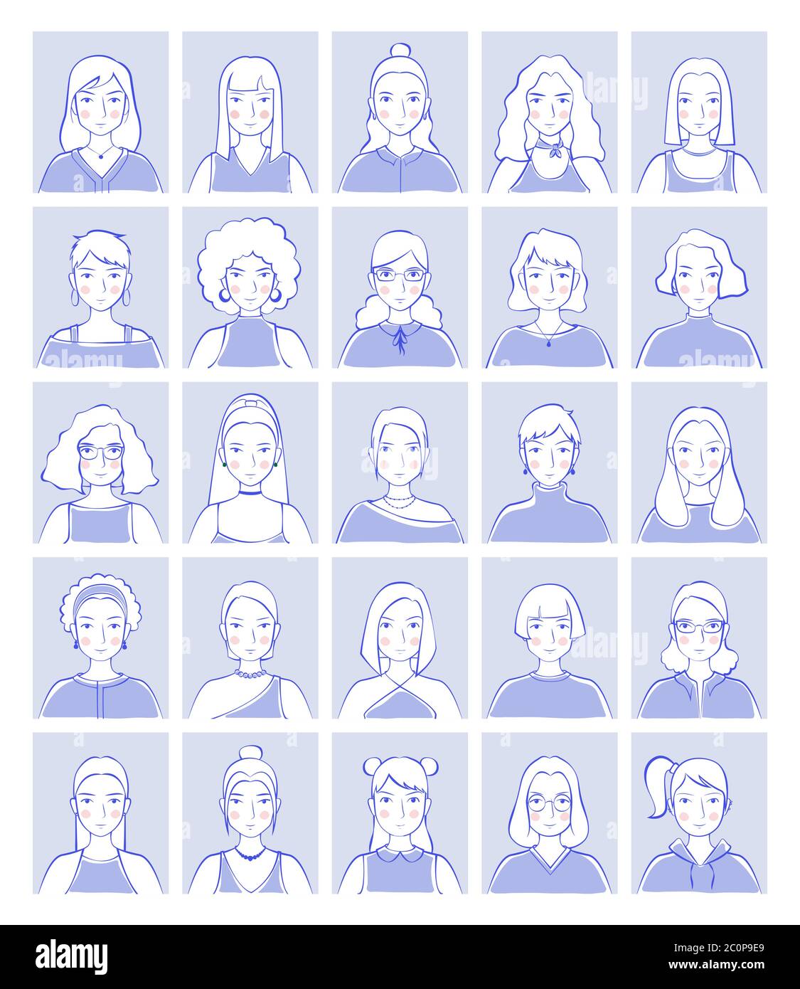 Female avatar set with duo color tones. Diverse faces, happy ...