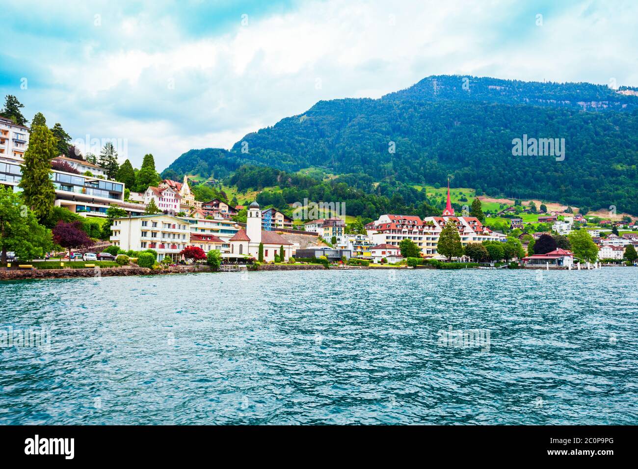 Weggis panoramic view. Weggis is a town on the northern shore of Lake ...