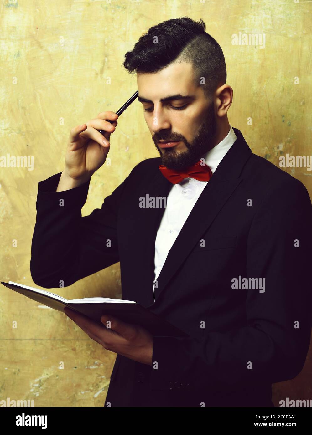 Executive generates ideas. Head manager with beard and classic suit ...