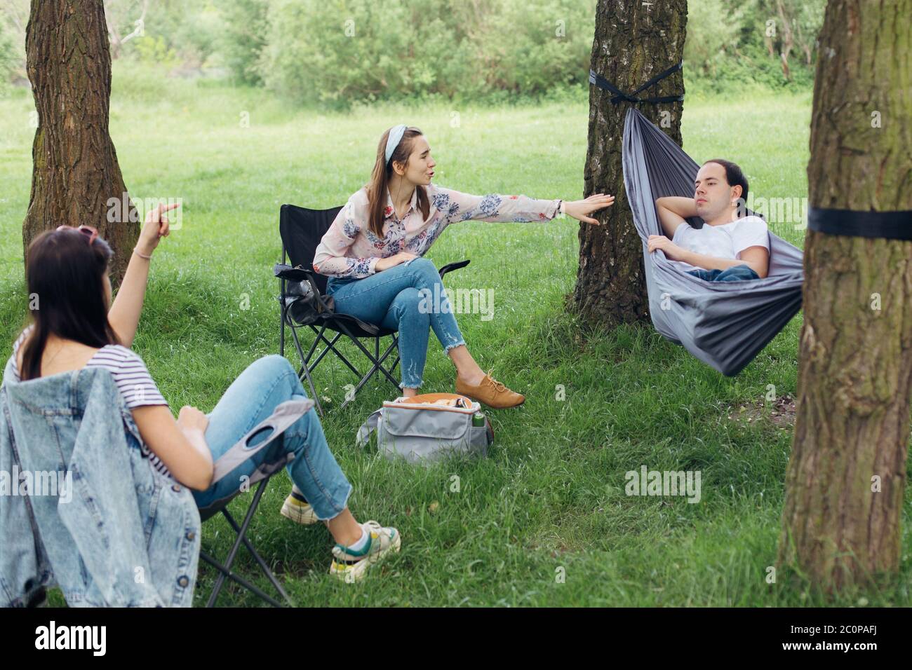 Small group of people enjoying conversation at picnic with social ...