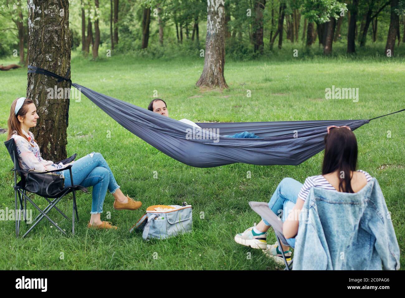 Small group of people enjoying conversation at picnic with social ...