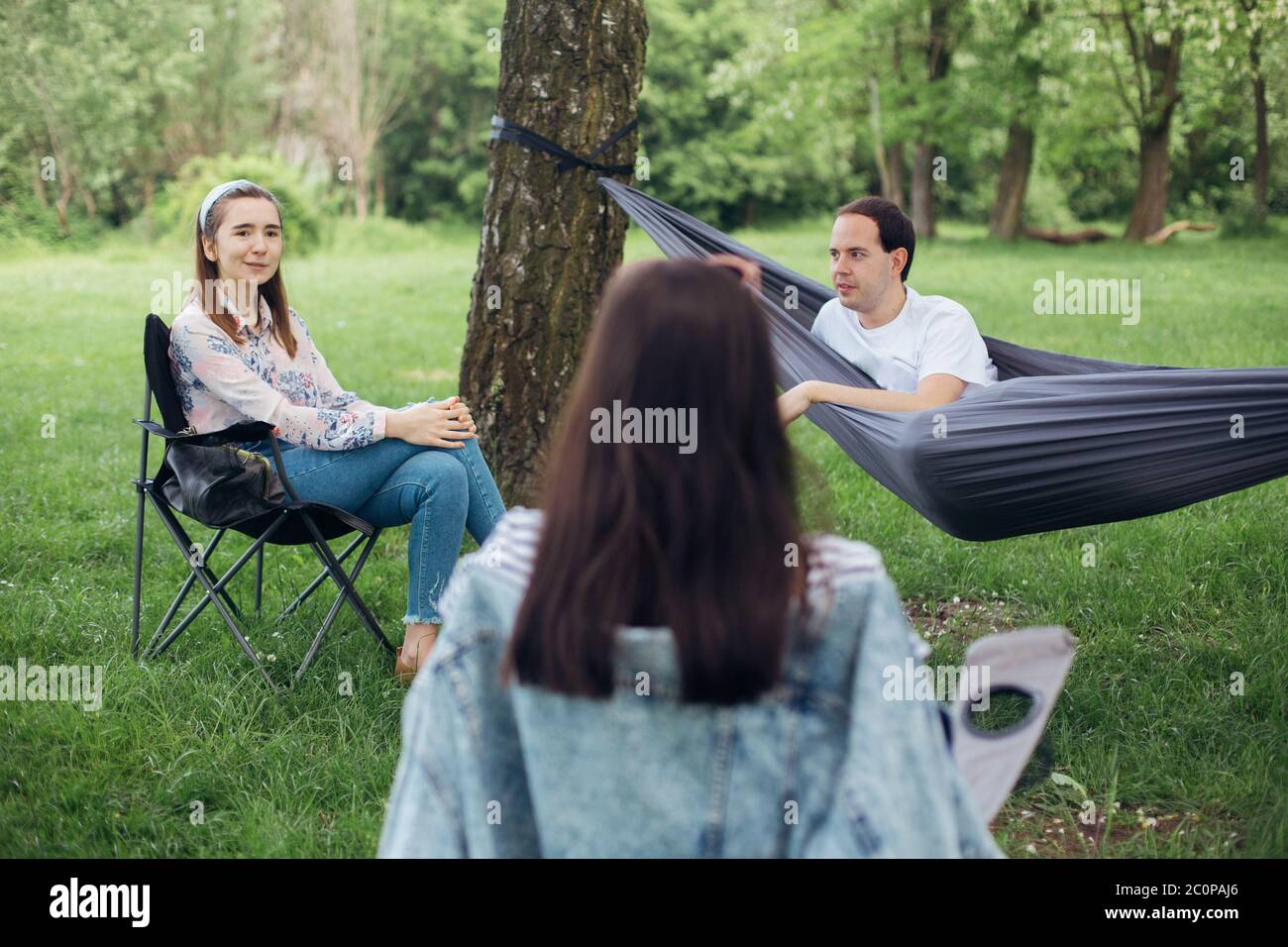 Small group of people enjoying conversation at picnic with social ...