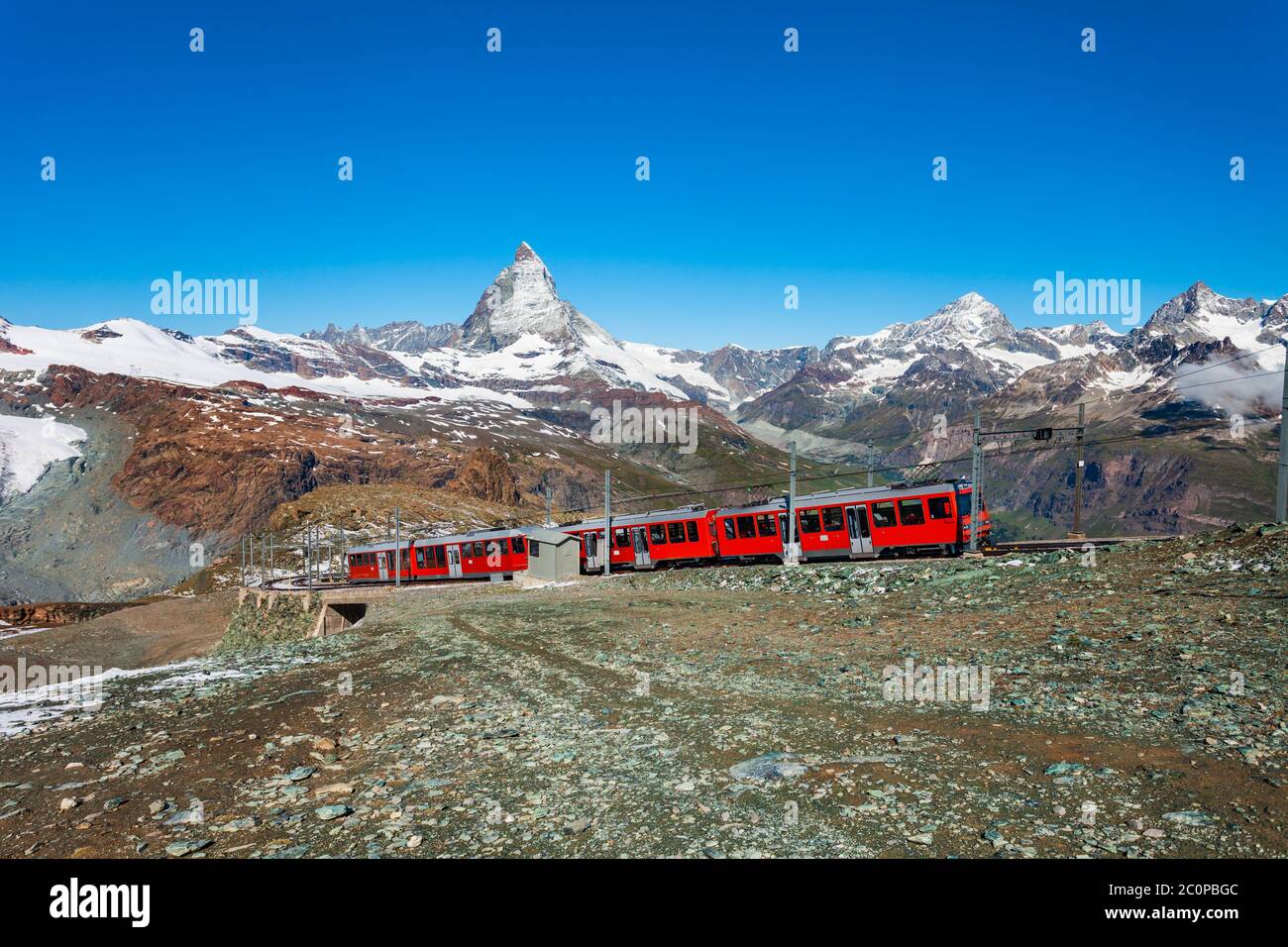 Train near the Gornergrat Bahn Railway, a mountain rack railway near ...