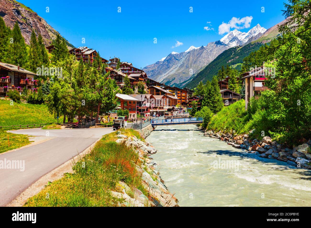 Traditional local houses near the Matter Vispa river in the centre of ...