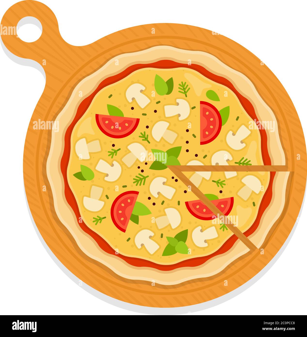 Mushroom Pizza on board with a cut piece flat icon vector isolated ...