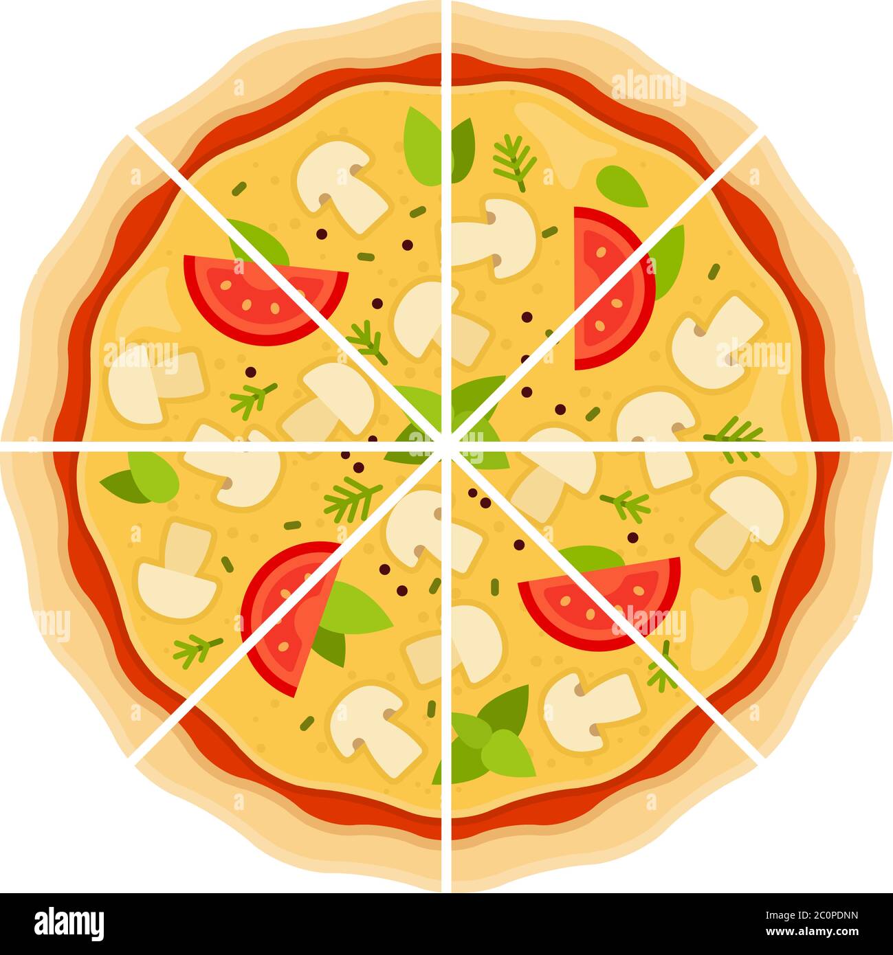 Mushroom pizza cut into triangular pieces vector flat isolated Stock ...