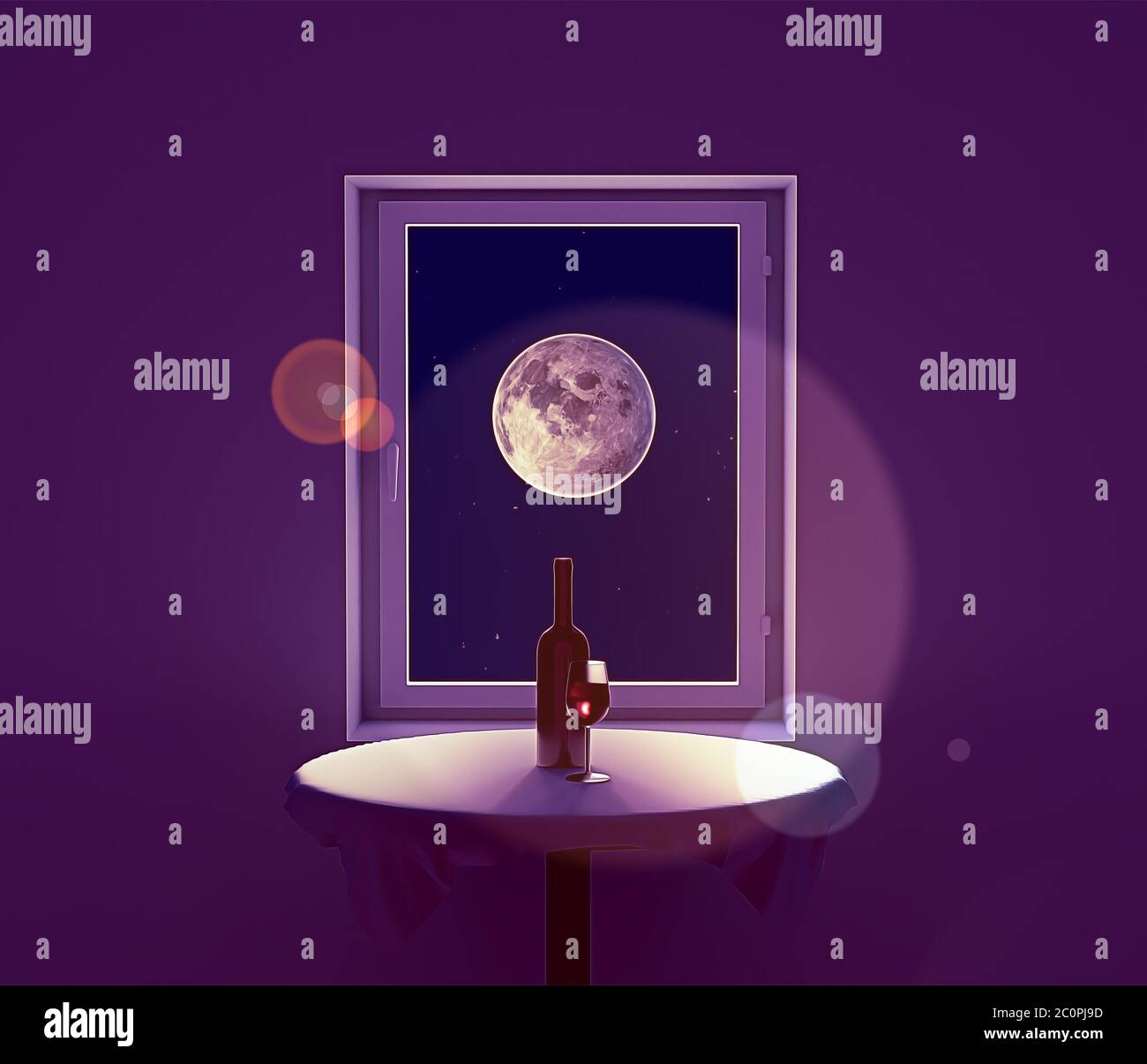 a bottle of wine and a glass against the backdrop of a bright full moon ...