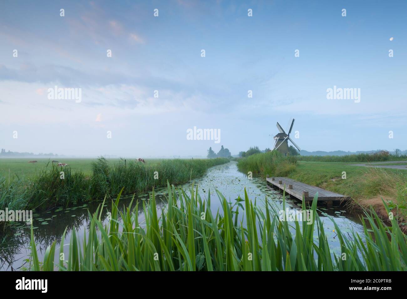 moon over windmill by river Stock Photo - Alamy