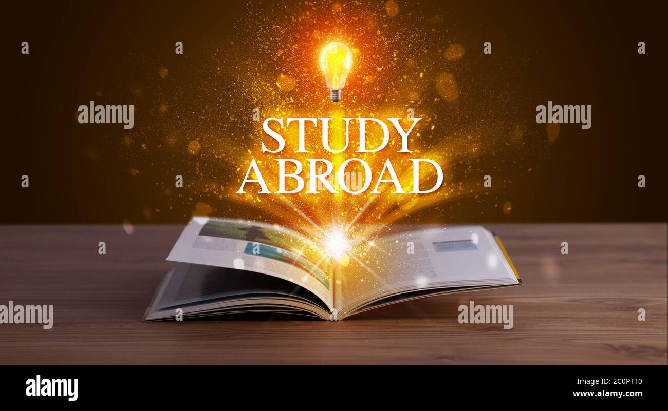 STUDY ABROAD inscription coming out from an open book, educational ...