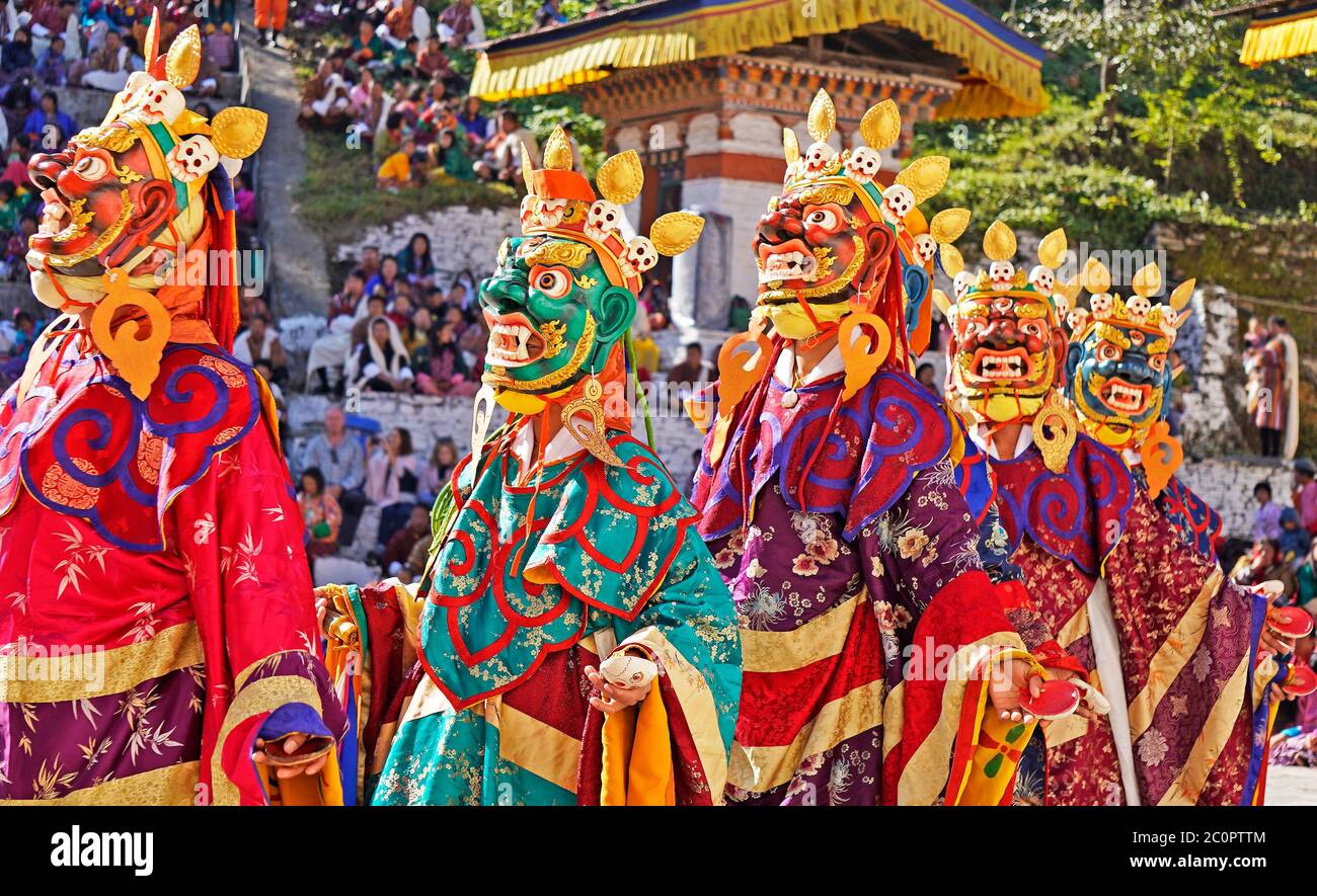 Performers dancers wearing masks in festival in Mongar, Bhutan Stock ...
