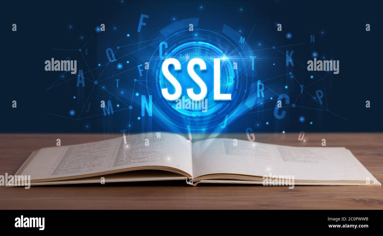 SSL inscription coming out from an open book, digital technology ...