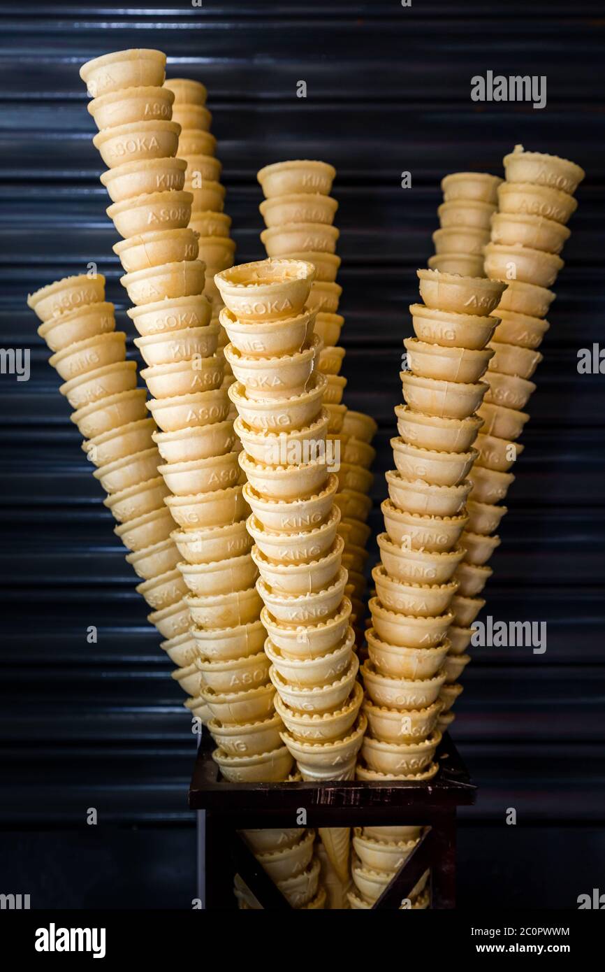 Empty Stacked Ice Cream Cones, Ice Cream Cones kept for display Stock ...