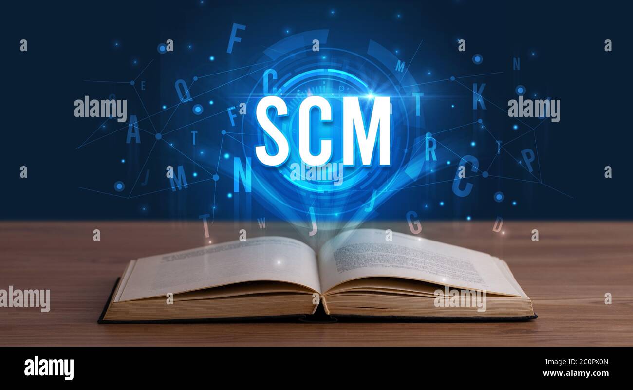 SCM inscription coming out from an open book, digital technology ...