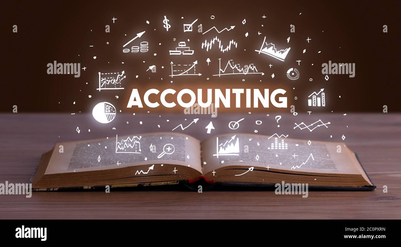 ACCOUNTING inscription coming out from an open book, business concept ...