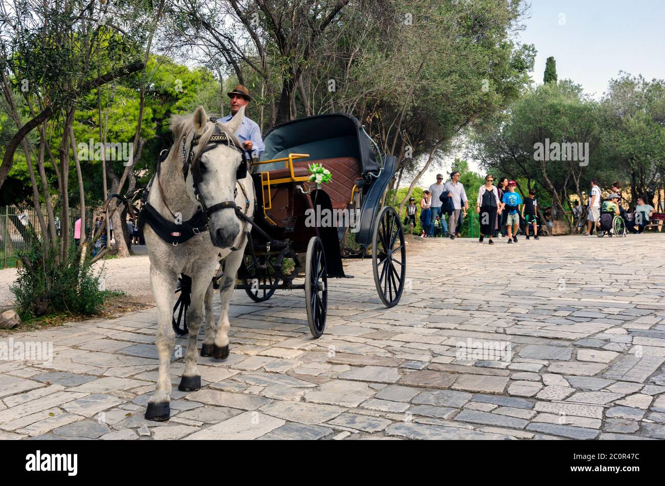Athens, Attica / Greece. Coachman with his horse carriage is waiting ...