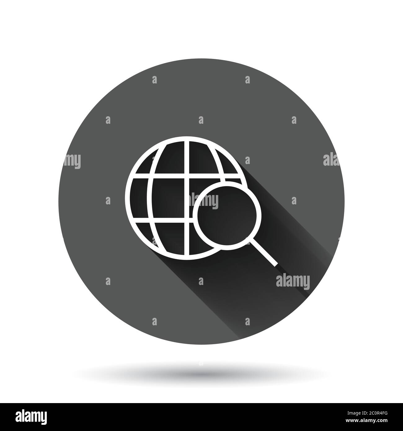Globe search icon in flat style. Network navigation vector illustration on black round ...