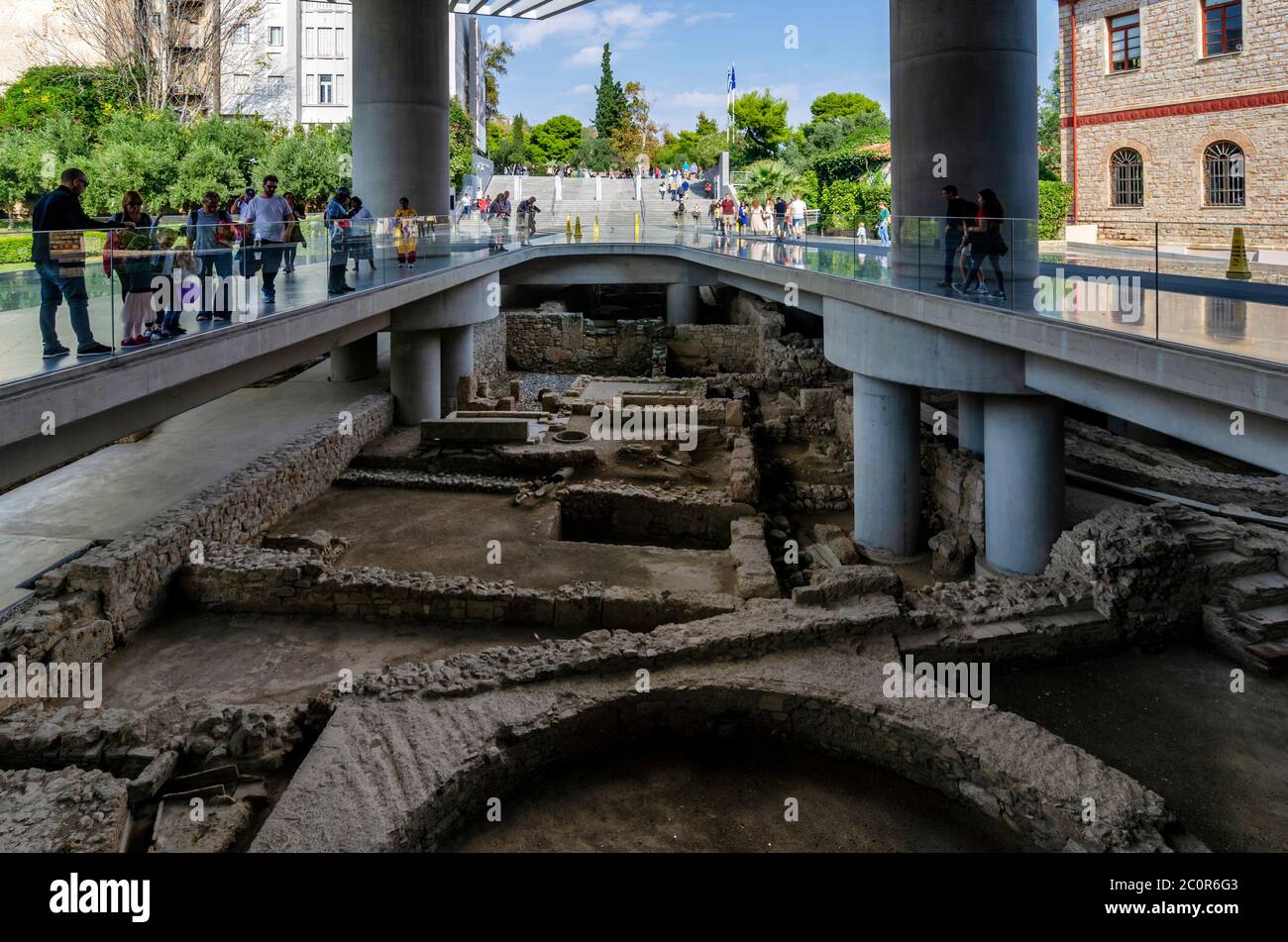 Athens, Attica / Greece. Ancient ruins at the archaeological site right ...