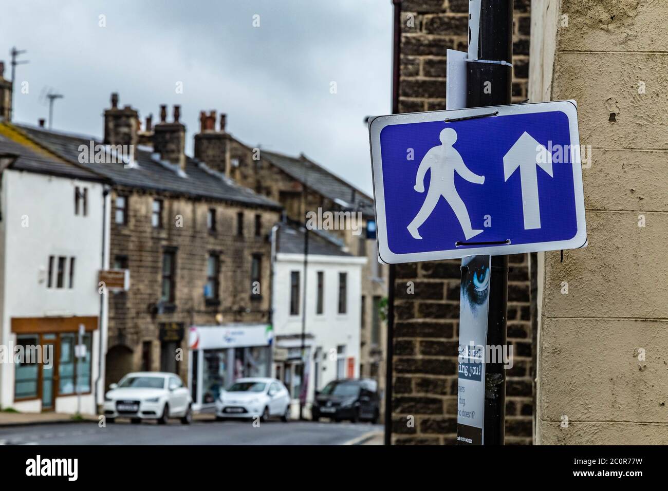 A blue and white pedestrian one way sign attached to a post during ...