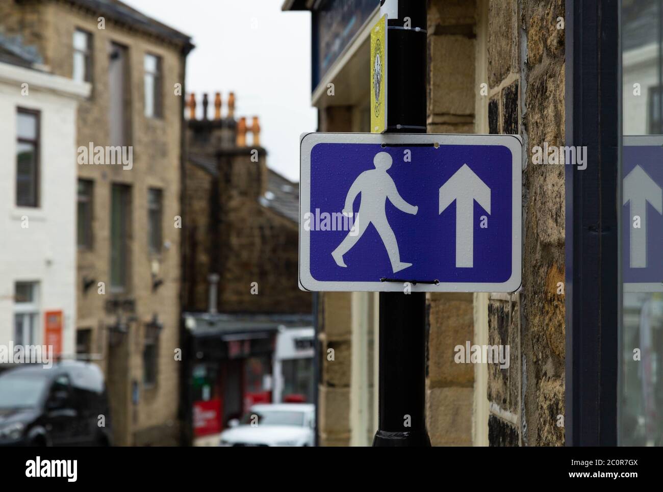 A blue and white pedestrian one way sign attached to a post during ...