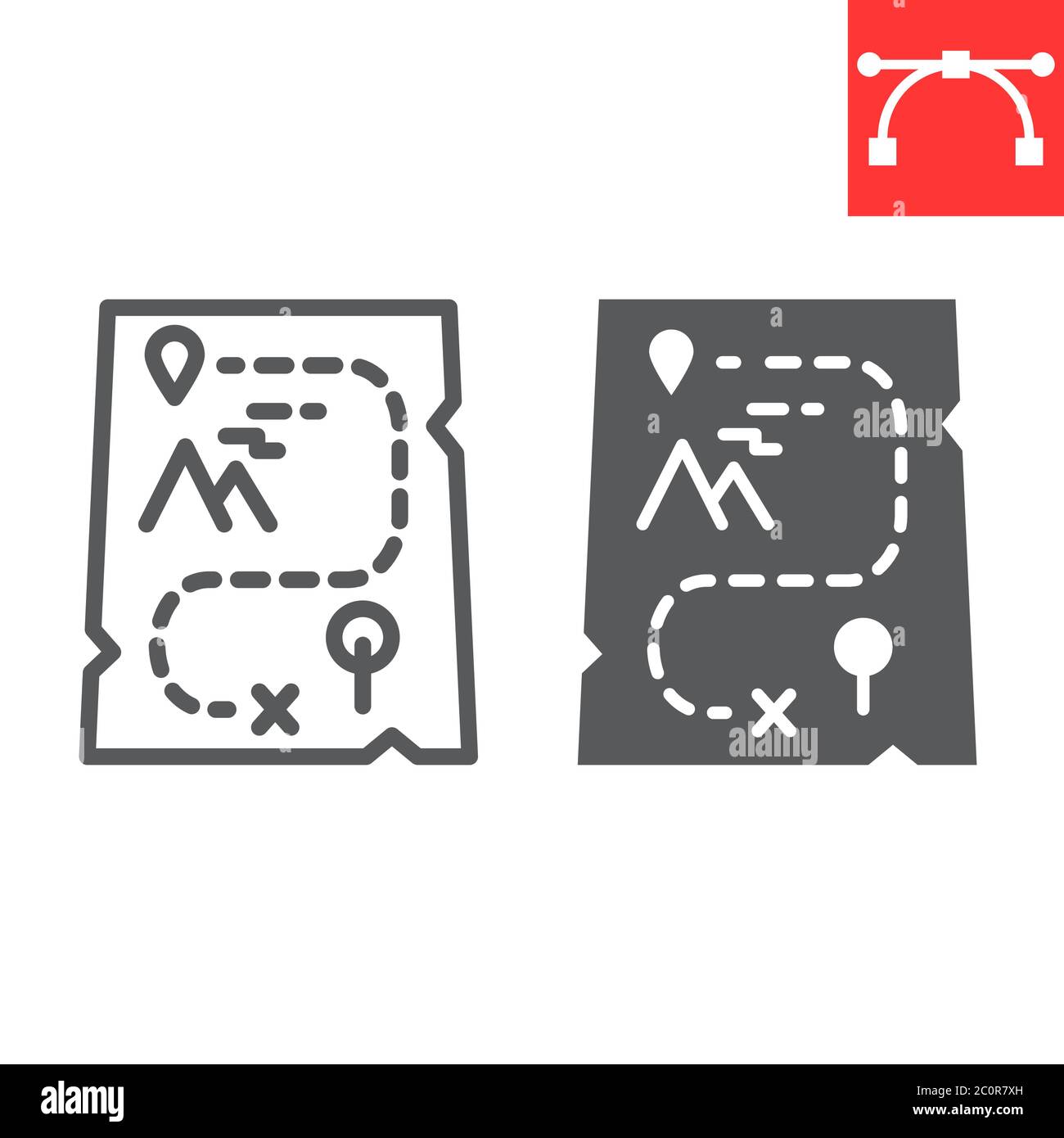 Cartoon map line and glyph icon, video games and treasure, adventure ...
