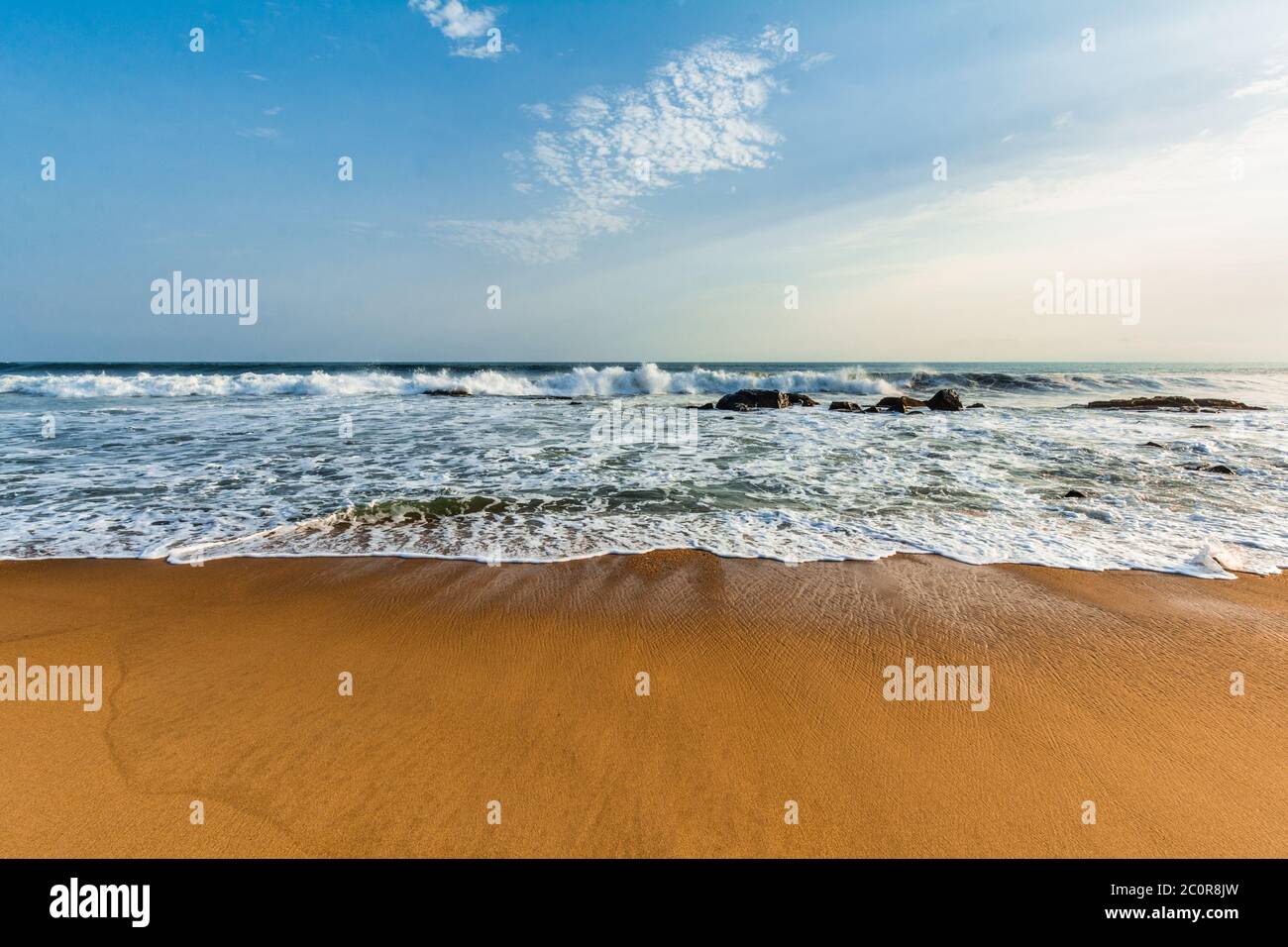 Beach with red sand and blue sunset sky in Congo Town, Monrovia ...