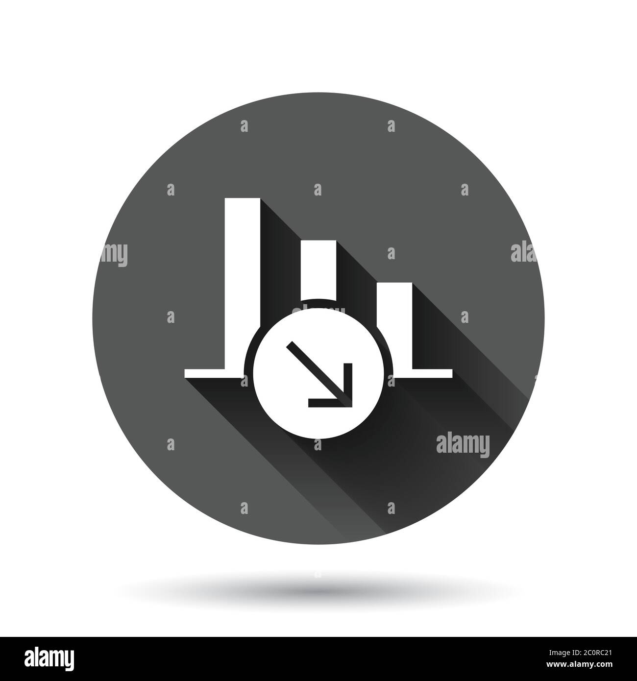 Market trend icon in flat style. Decline arrow with magnifier vector illustration on black round ...