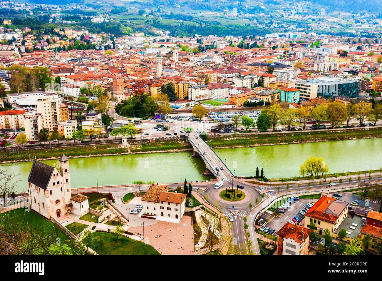 Trento aerial panoramic view. Trento is a city on the Adige River in ...