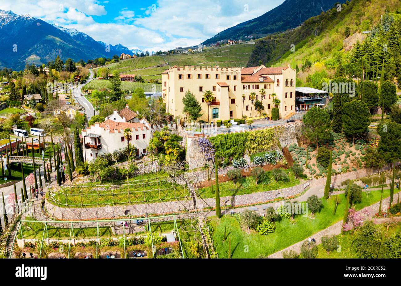 Aerial view of the Trauttmansdorff Castle Gardens, a botanical gardens ...
