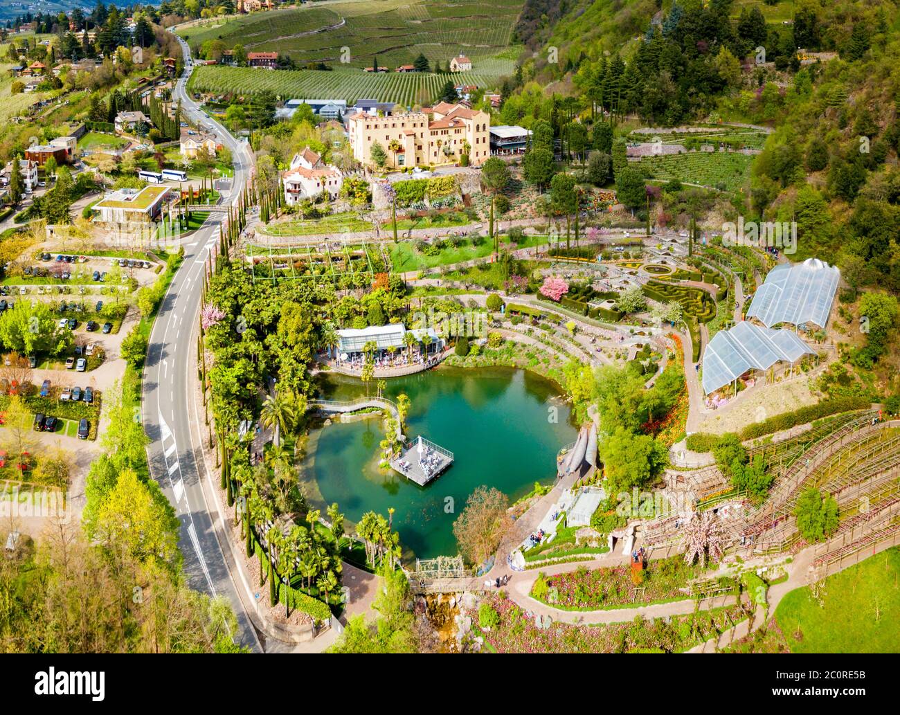 Aerial view of the Trauttmansdorff Castle Gardens, a botanical gardens ...