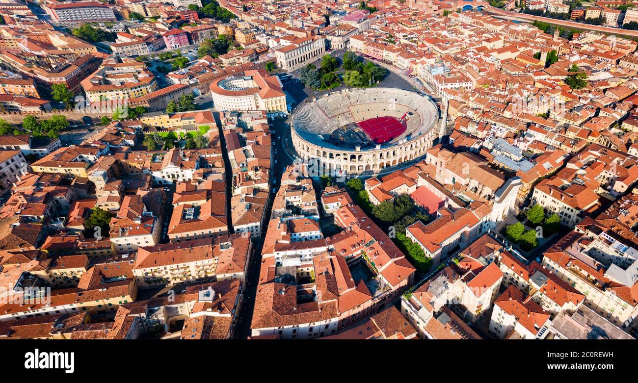 Verona Arena aerial panoramic view. Arena is a Roman amphitheatre in ...