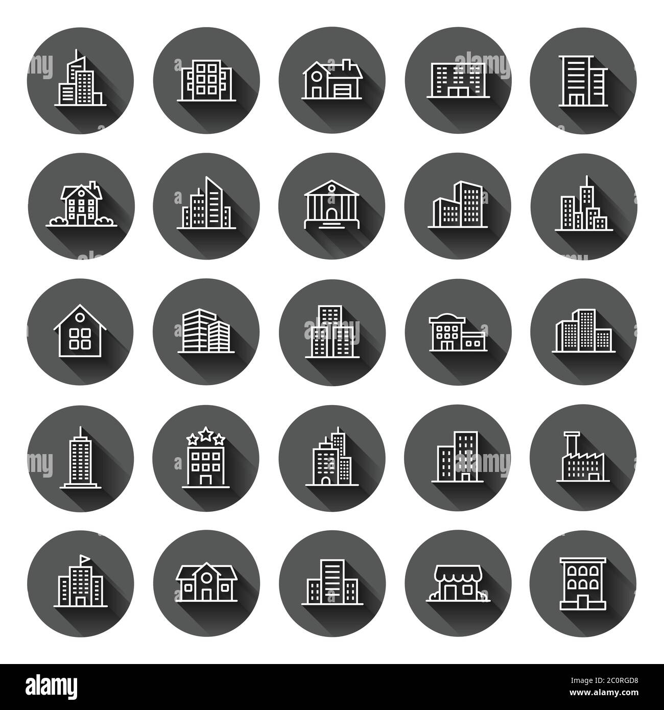 Building icon set in flat style. Town skyscraper apartment vector ...