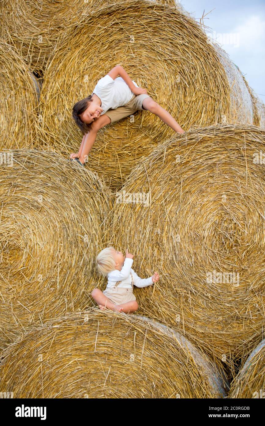 Happy children, playing on haystacks in a field, summertime Stock Photo ...
