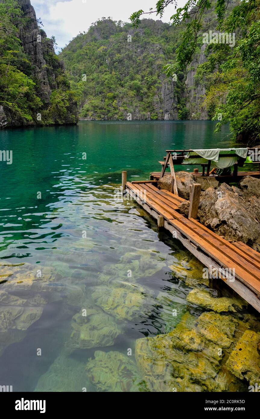 Very Clean and Clear lagoon lake Water next to a wooden path Stock ...