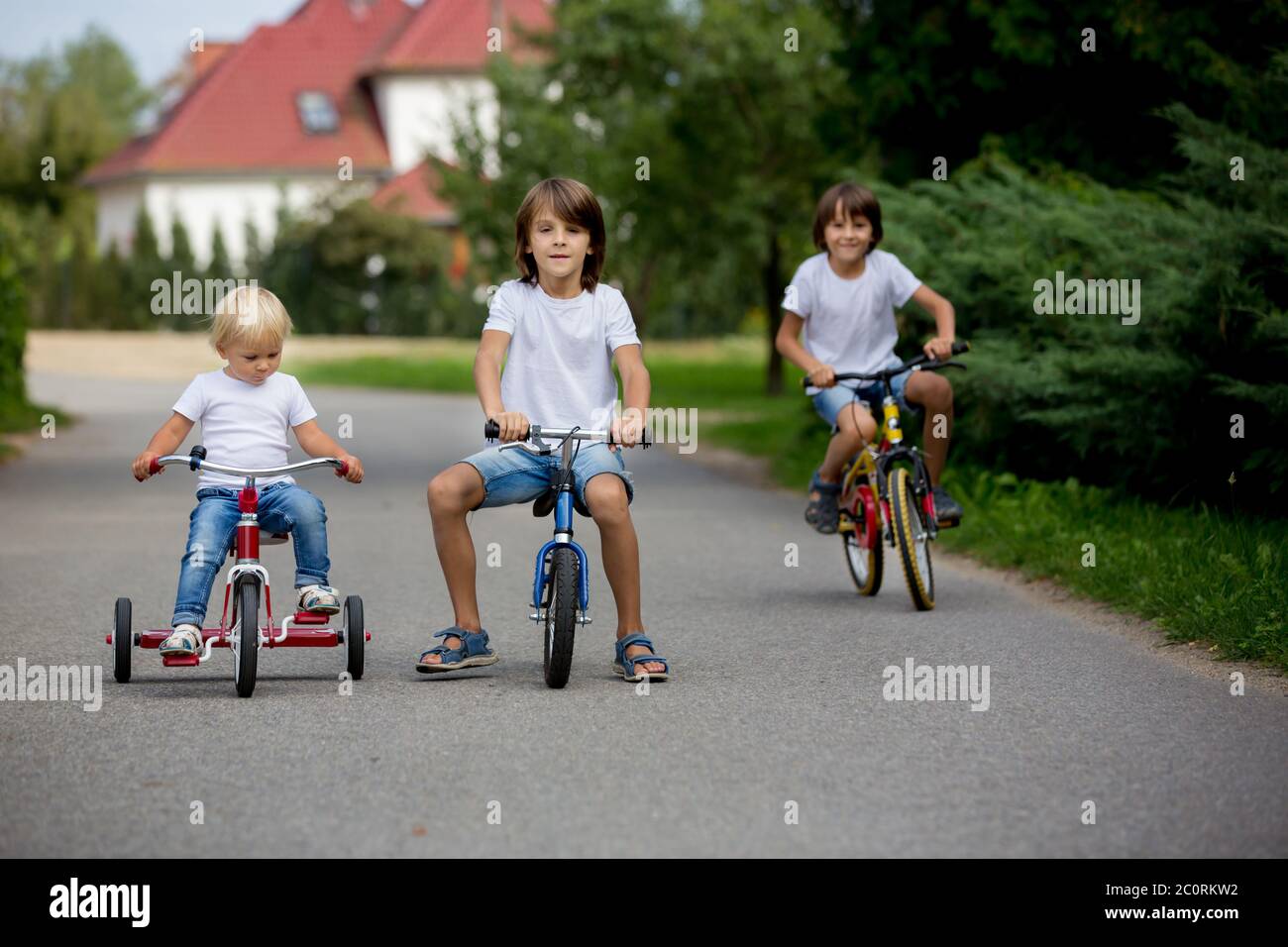 Three children, brothers, riding bike, tricycle and balance bike on the ...