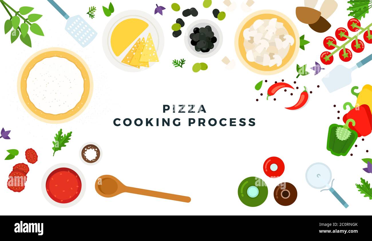 Pizza cooking process vector flat illustrations. Products and tools for ...