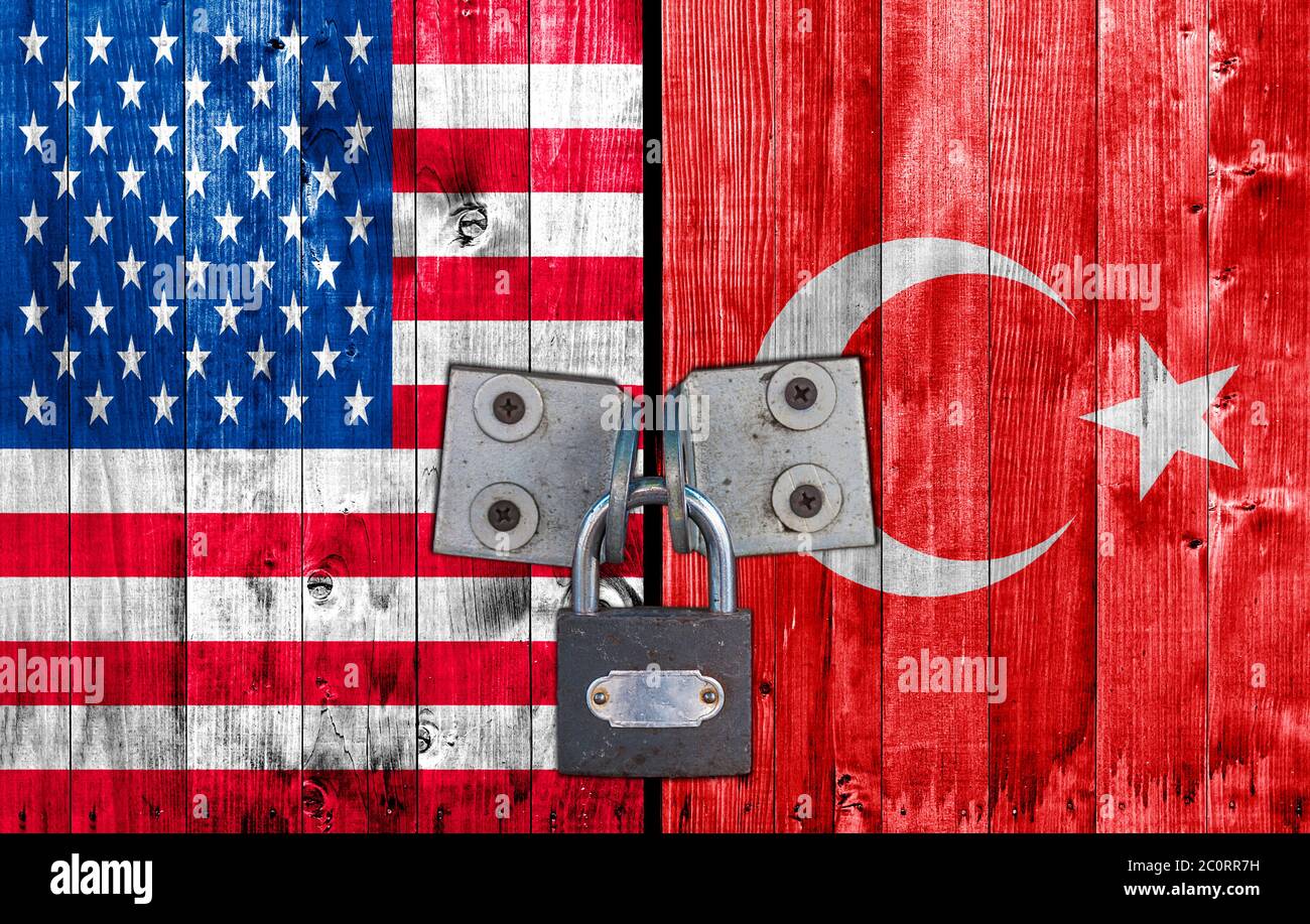 US and Turkey flag on door with padlock Stock Photo - Alamy