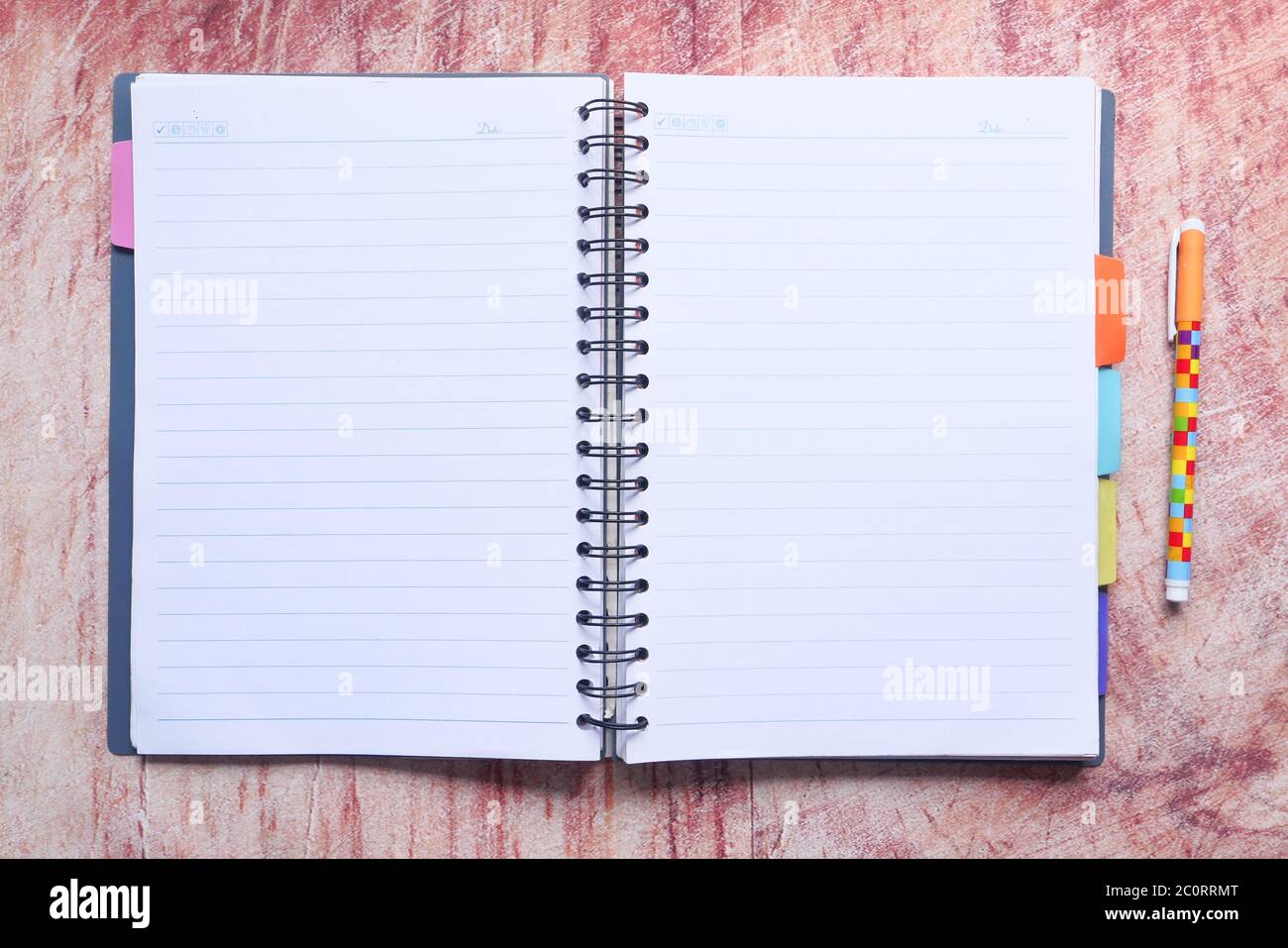 high angle view of open diary on wooden table Stock Photo - Alamy