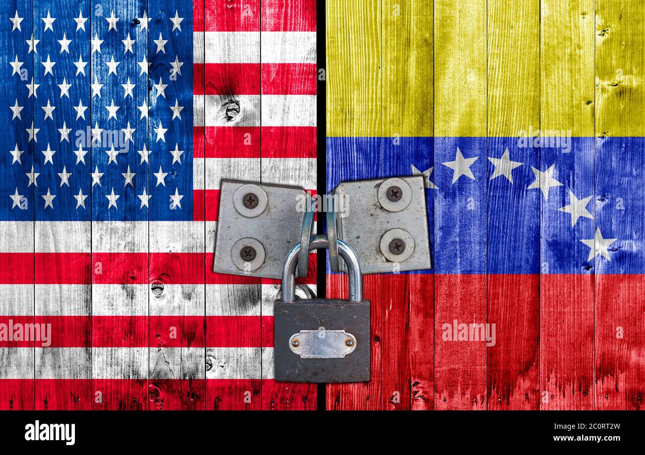 US and Venezuela flag on door with padlock Stock Photo - Alamy