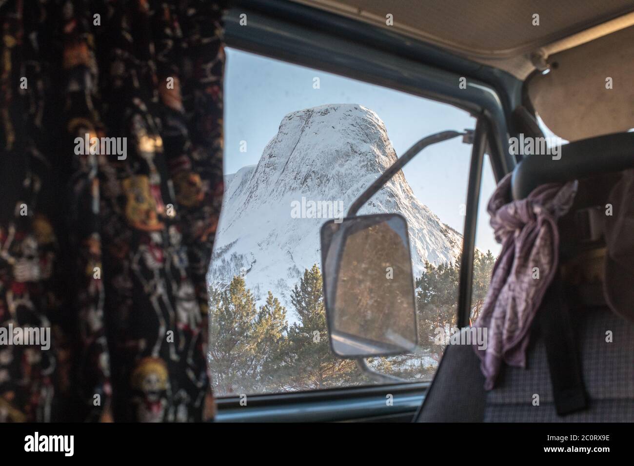 Mountain view from a campervan window Stock Photo - Alamy