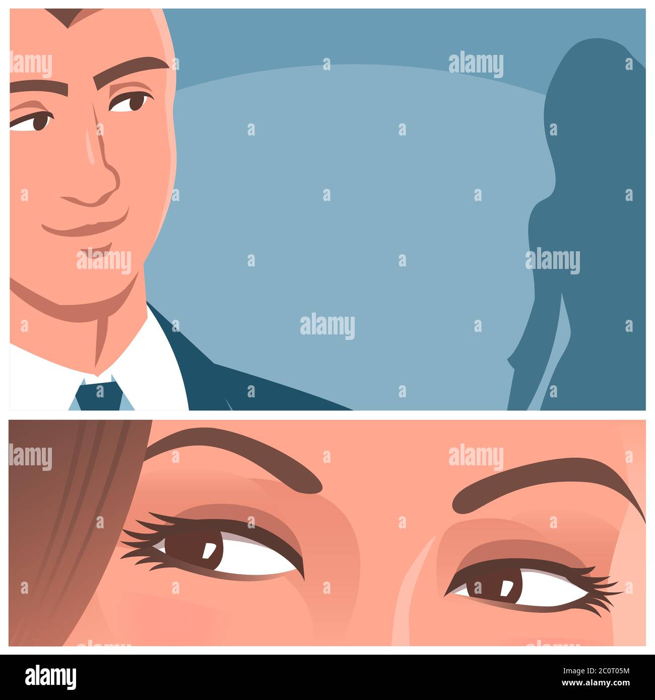 Beautiful female eyes look at a young man. He looked back at the woman ...