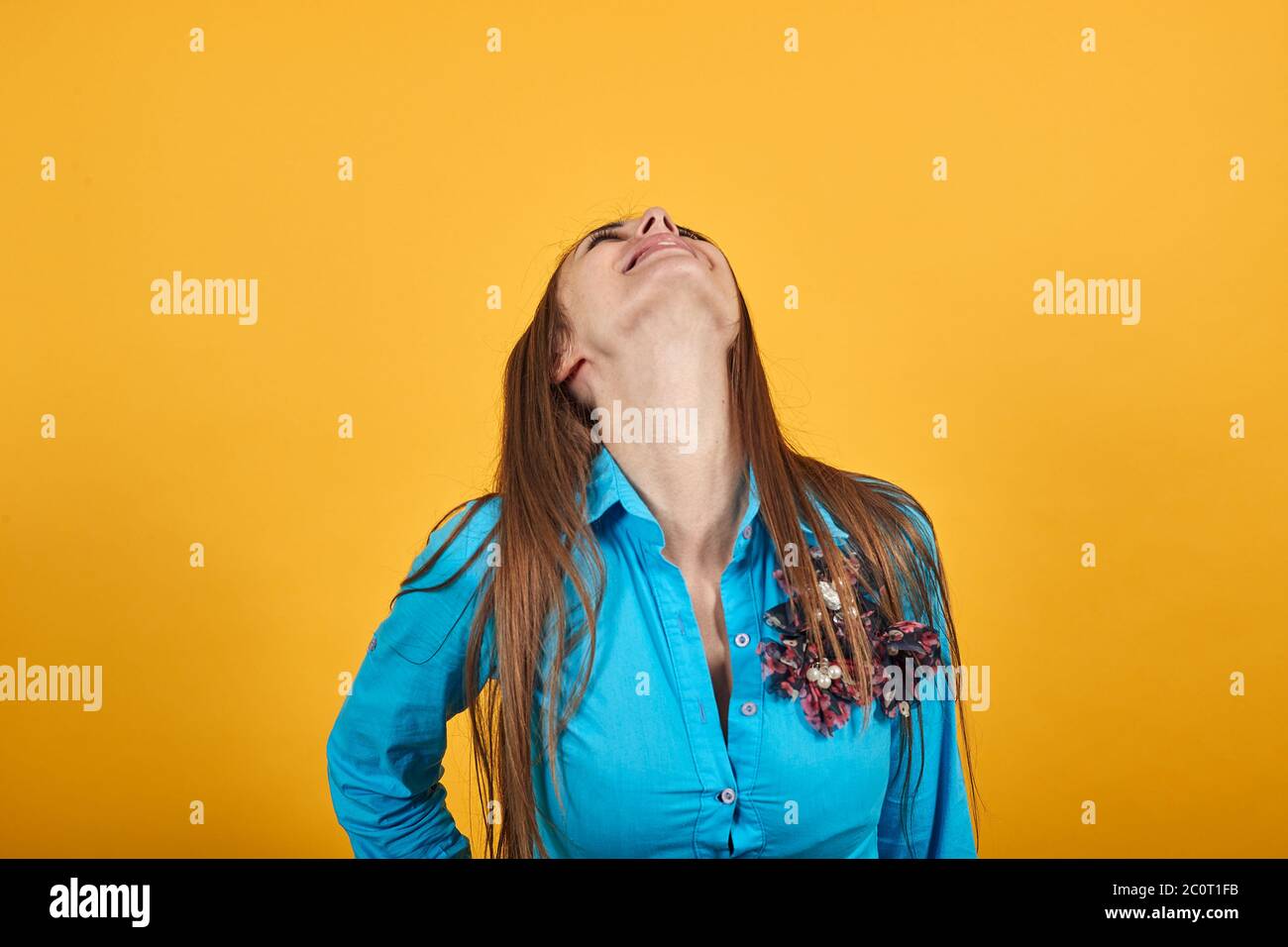 Busy laughing. Excited. Feels gratitude, gesture of sincere feelings ...