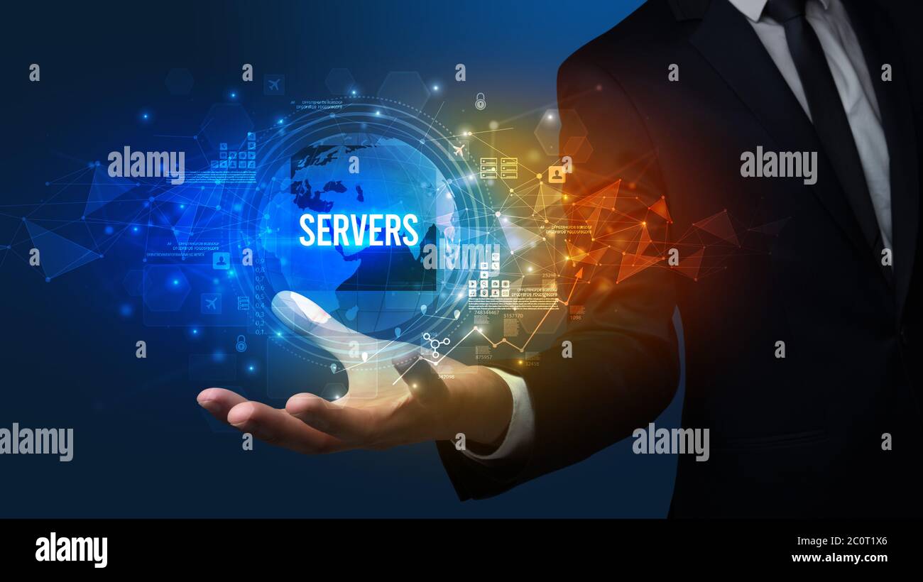 Elegant hand holding SERVERS inscription, digital technology concept ...