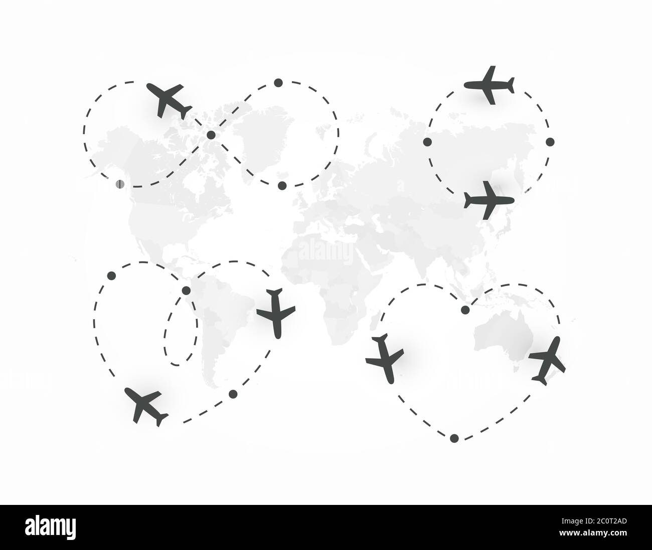 Airplane dotted route, icon set. Plane silhouette and flight path. Path ...