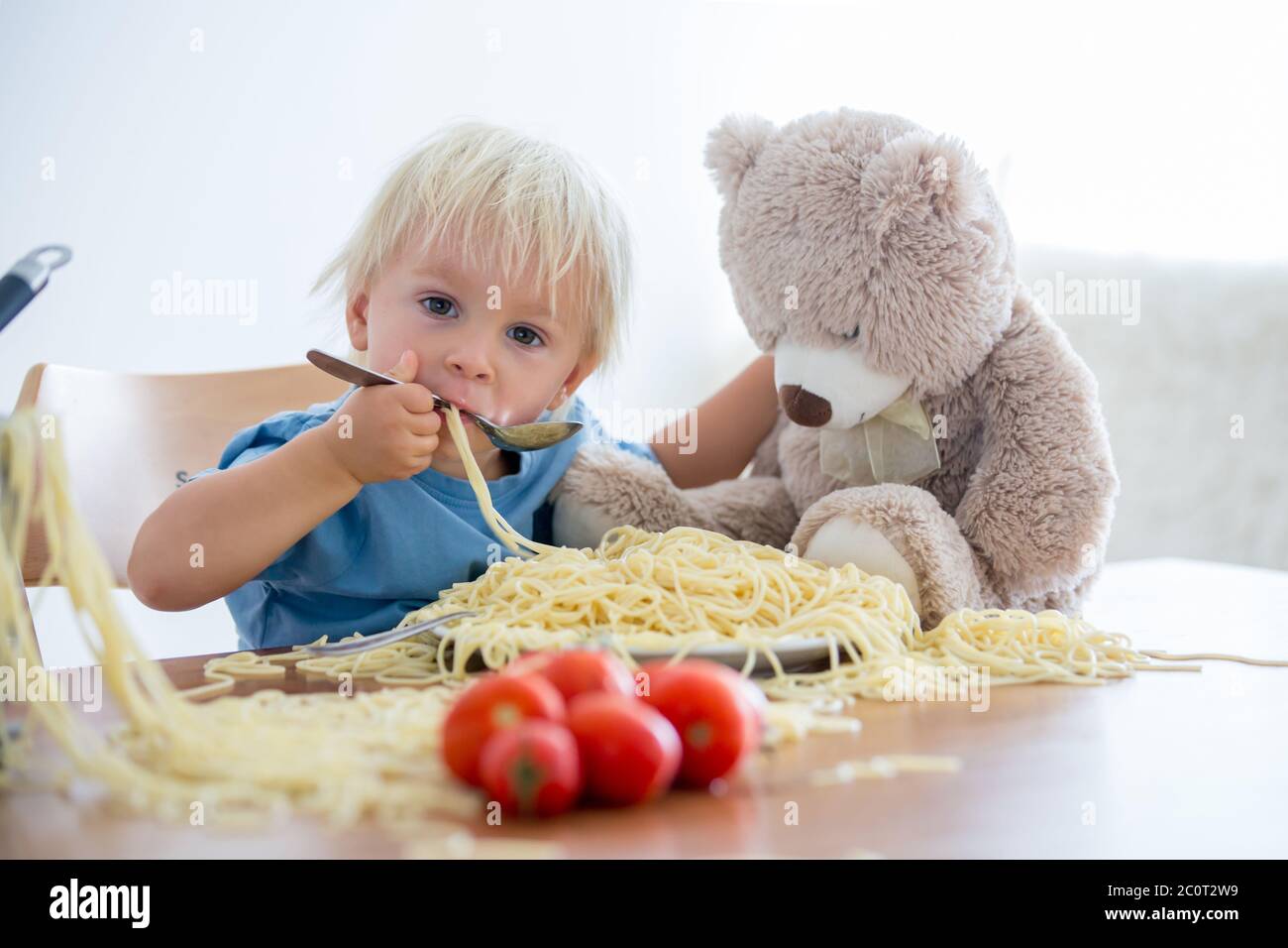 Little baby boy, toddler child, eating spaghetti for lunch and making ...