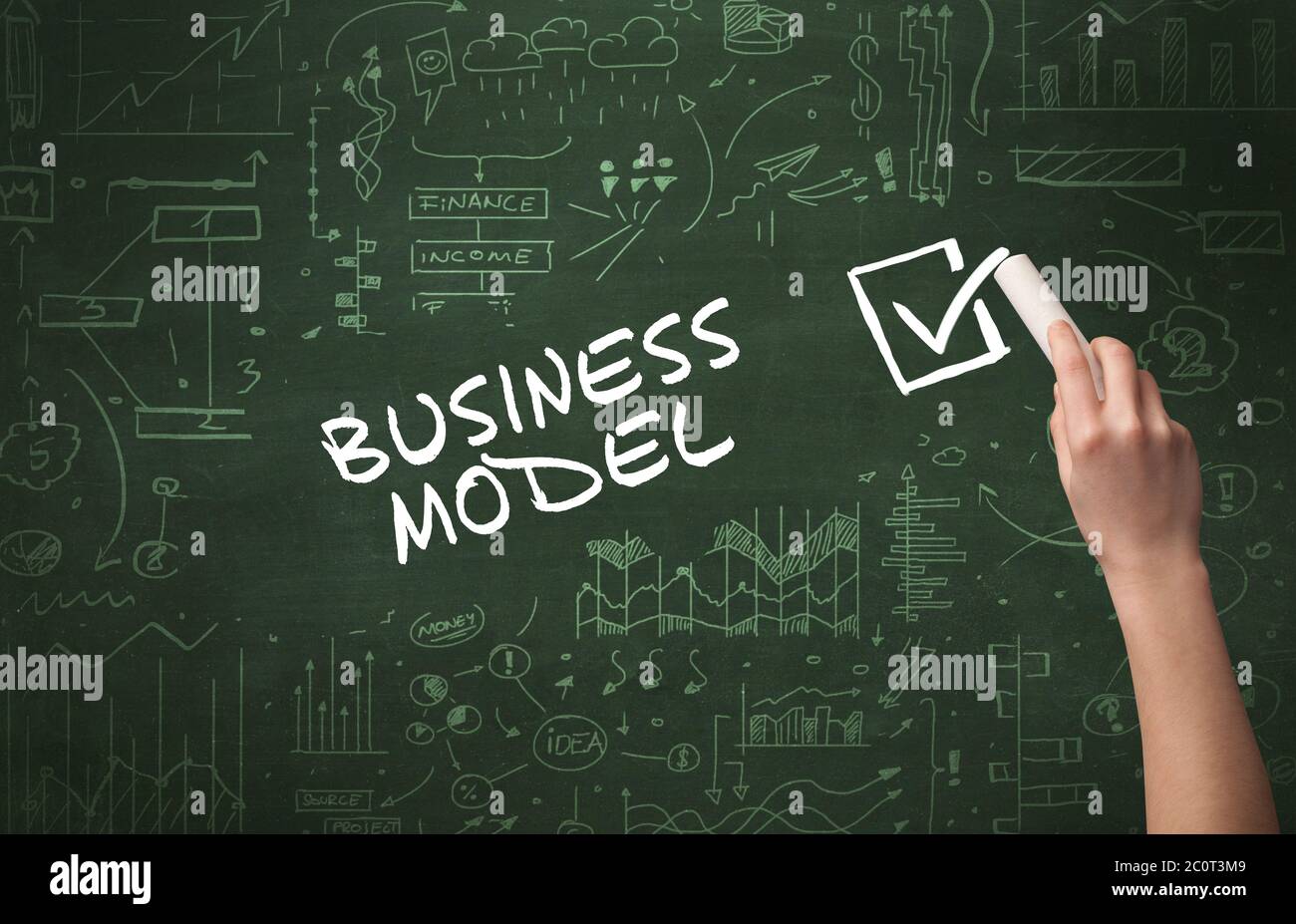 Hand drawing BUSINESS MODEL inscription with white chalk on blackboard ...
