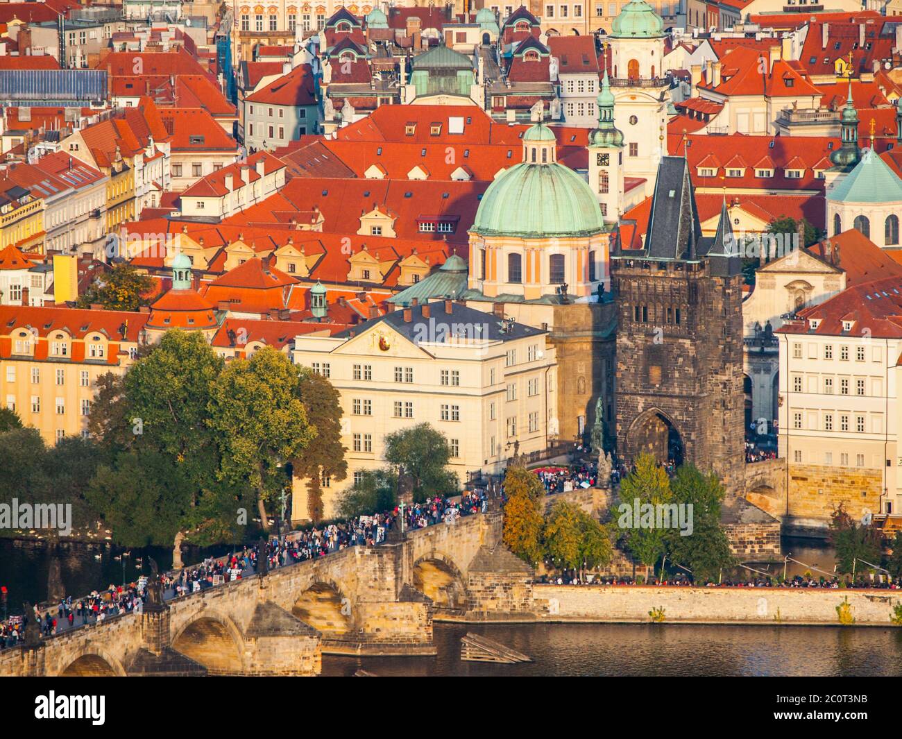 Panoramic view of Prague Old Town Bridge Tower and Charles Bridge and ...