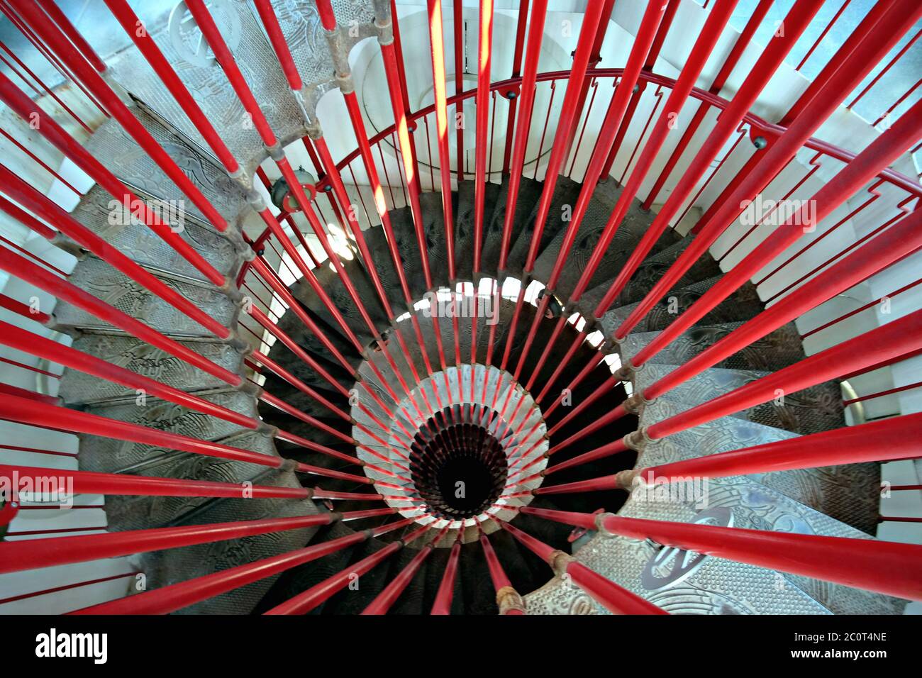 View down the steel double helix spiral staircase at the Ljubljana ...